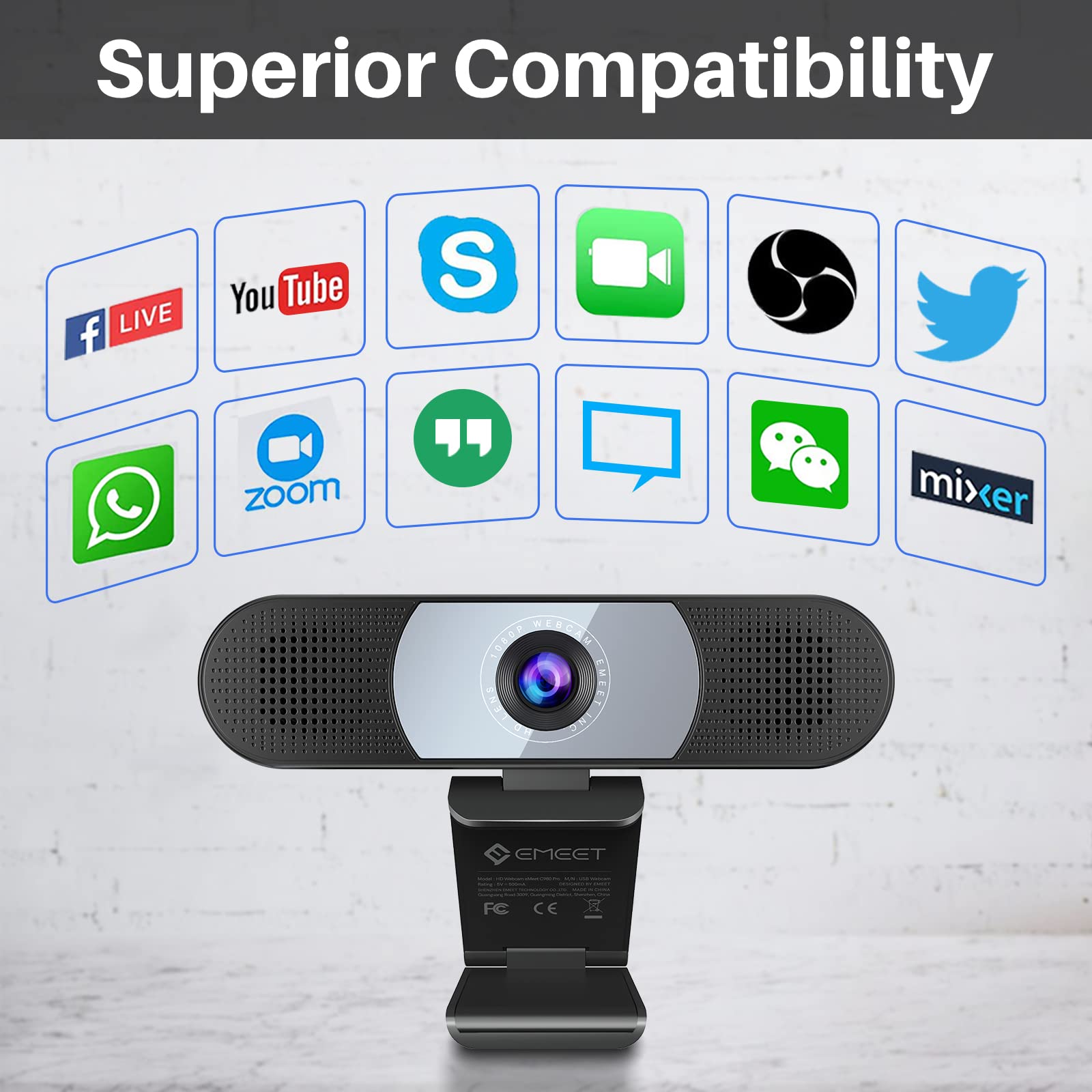 EMEET 3 in 1 Webcam - Streaming Webcam with Microphone, 2 Speakers & 4 Built-in Noise Reduction Microphones, C980 Pro 1080P HD Webcam for Video Conferencing/Gaming, Plug & Play, w/Cover - Gray