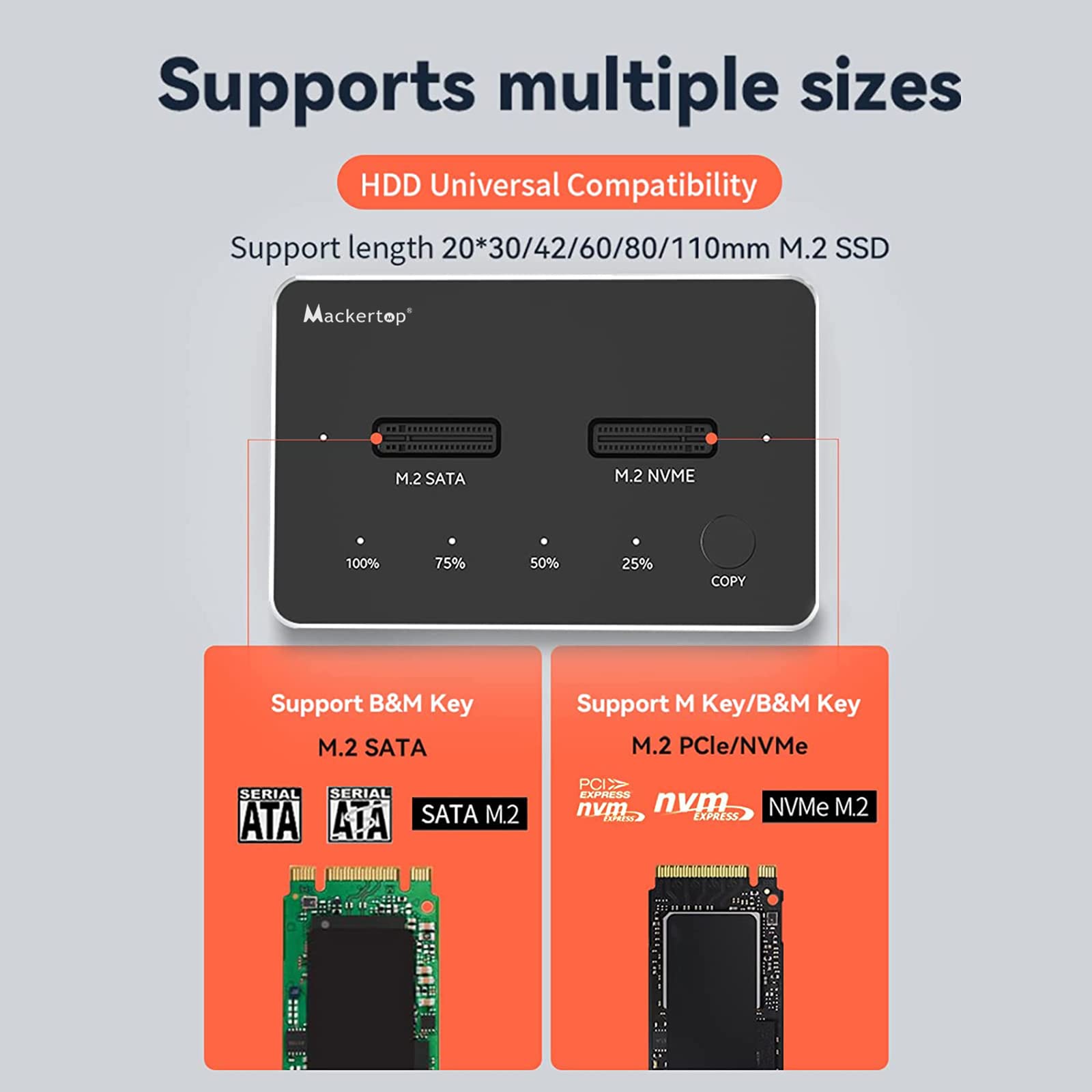 Mackertop USB C 3.1 Dual-Bay NVME Docking Station, M.2 NVME SATA External Hard Drive Enclosure Adapter, 10Gbps High Speed Reader Base Supports SATA/NVME M.2 SSD Offline Clone Duplicator