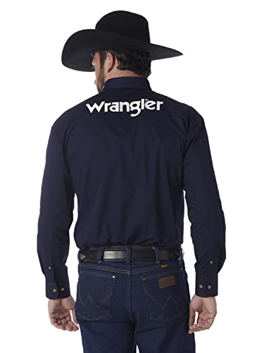 Wrangler mens Western Logo Two Pocket Long Sleeve Button Down Shirt, Navy, Large US