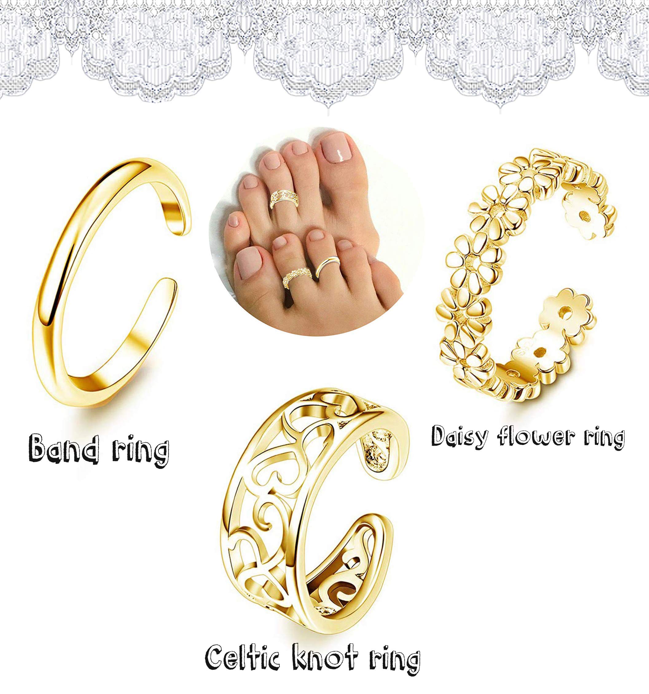 FIBO STEEL 7 Pcs Toe Rings for Women Flower Open Tail Ring Adjustable Gold-Tone