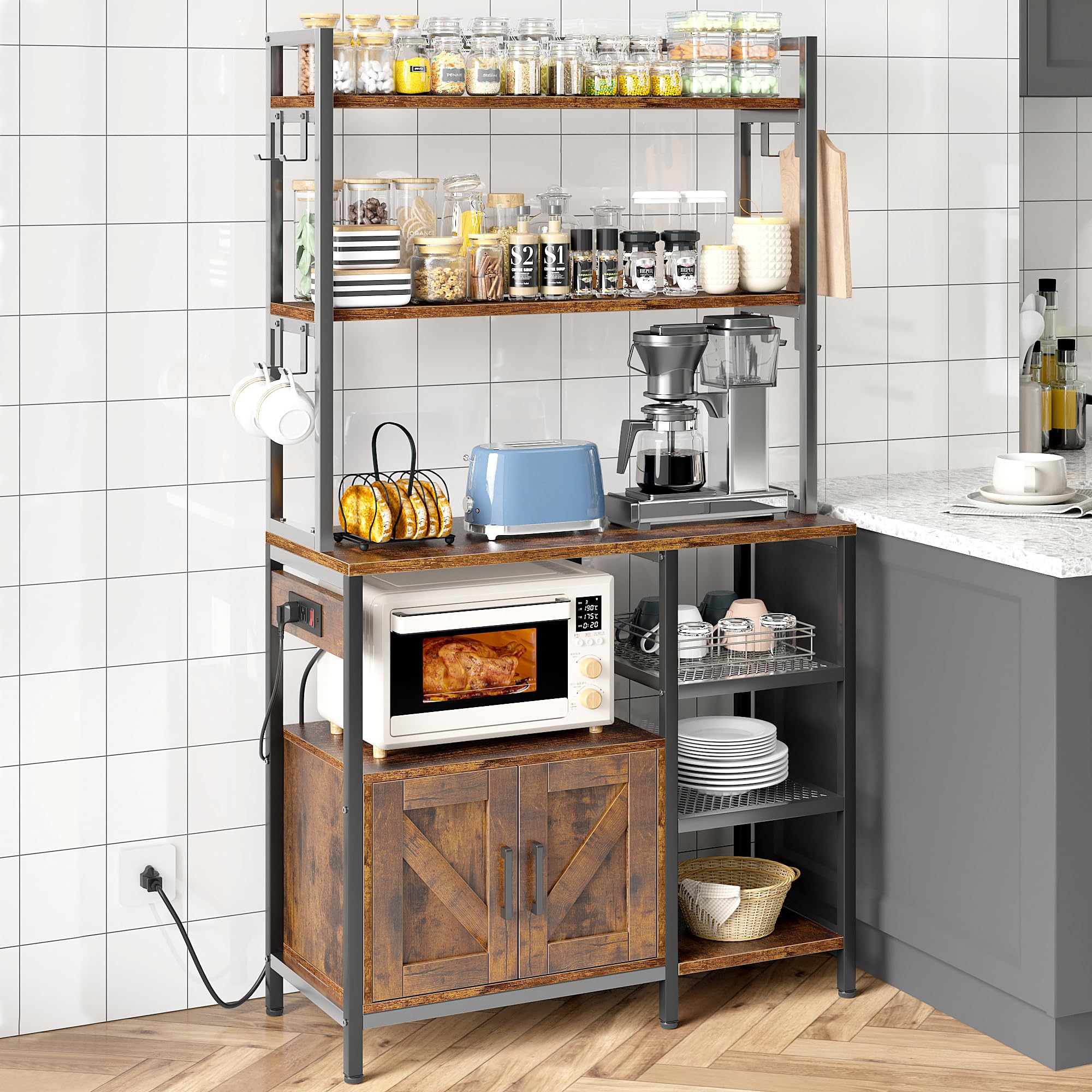EnHomee Bakers Racks for Kitchens with Power Outlet, 6-Tier Microwave Stand with Storage Cabinet, Farmhouse Kitchen Coffee Bar with Side Hooks, Utility Shelf for Kitchens