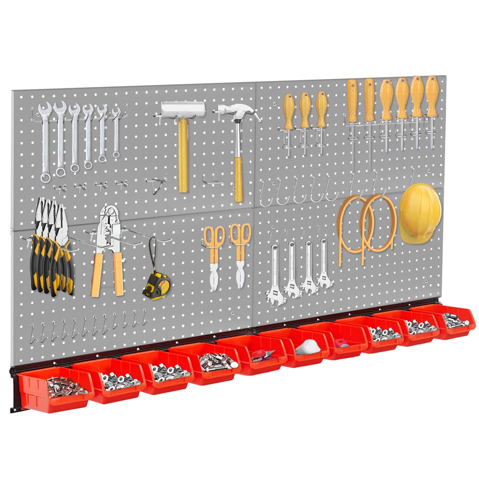 Metal Pegboard Wall Organizer for Garage 28*48in, 59PCS Pegboard Accessories Organizer Kit with Pegboard Bins, Hooks, Peg Locks, Pegboard Storage System for Workbench, Garage, Shop, Shed(Grey)