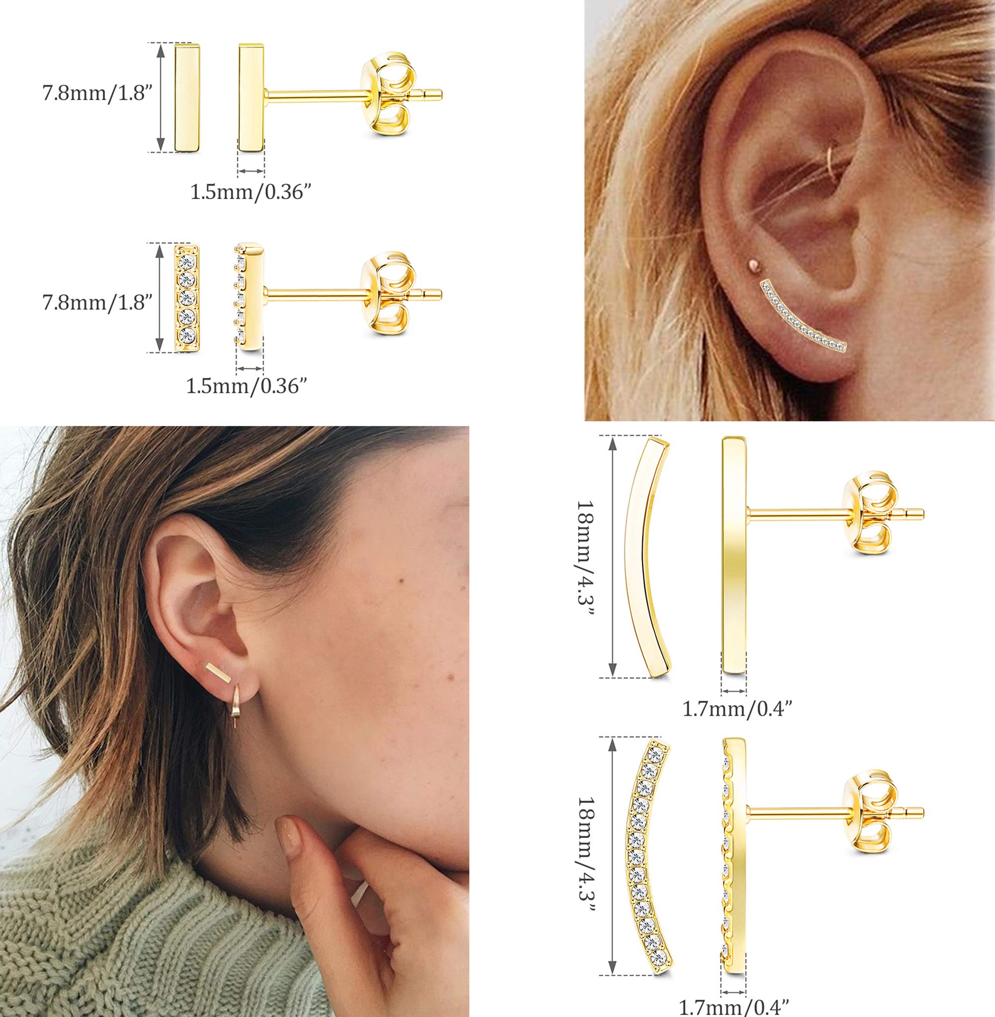 FIBO STEEL 8 Pairs Stainless Steel Star Bar Stud Earrings for Women Cute CZ Stud Earring Set Gold