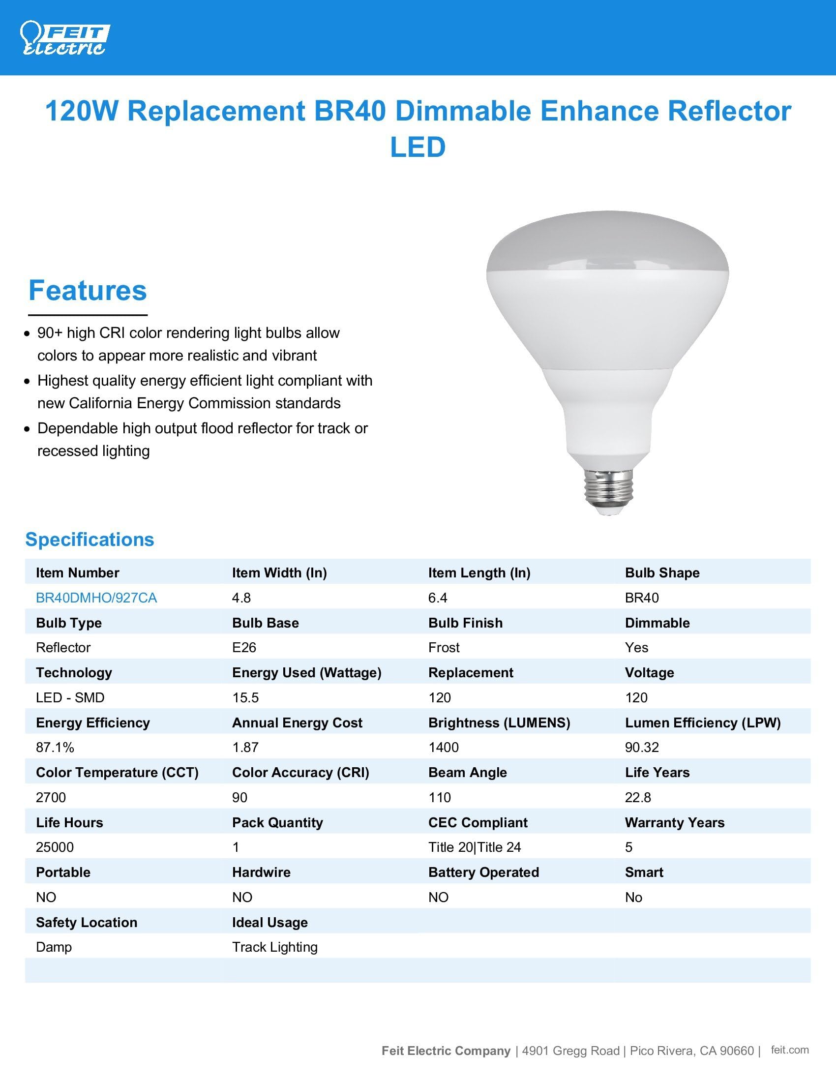 Feit Electric LED BR40 Bulb, 120W Equivalent, Dimmable, 1400 Lumens, 22 Year Life, 2700k Soft White, E26 Base Recessed Can Light Bulbs, Flood Light, Damp Rated, 1 Pack BR40DMHO/927CA