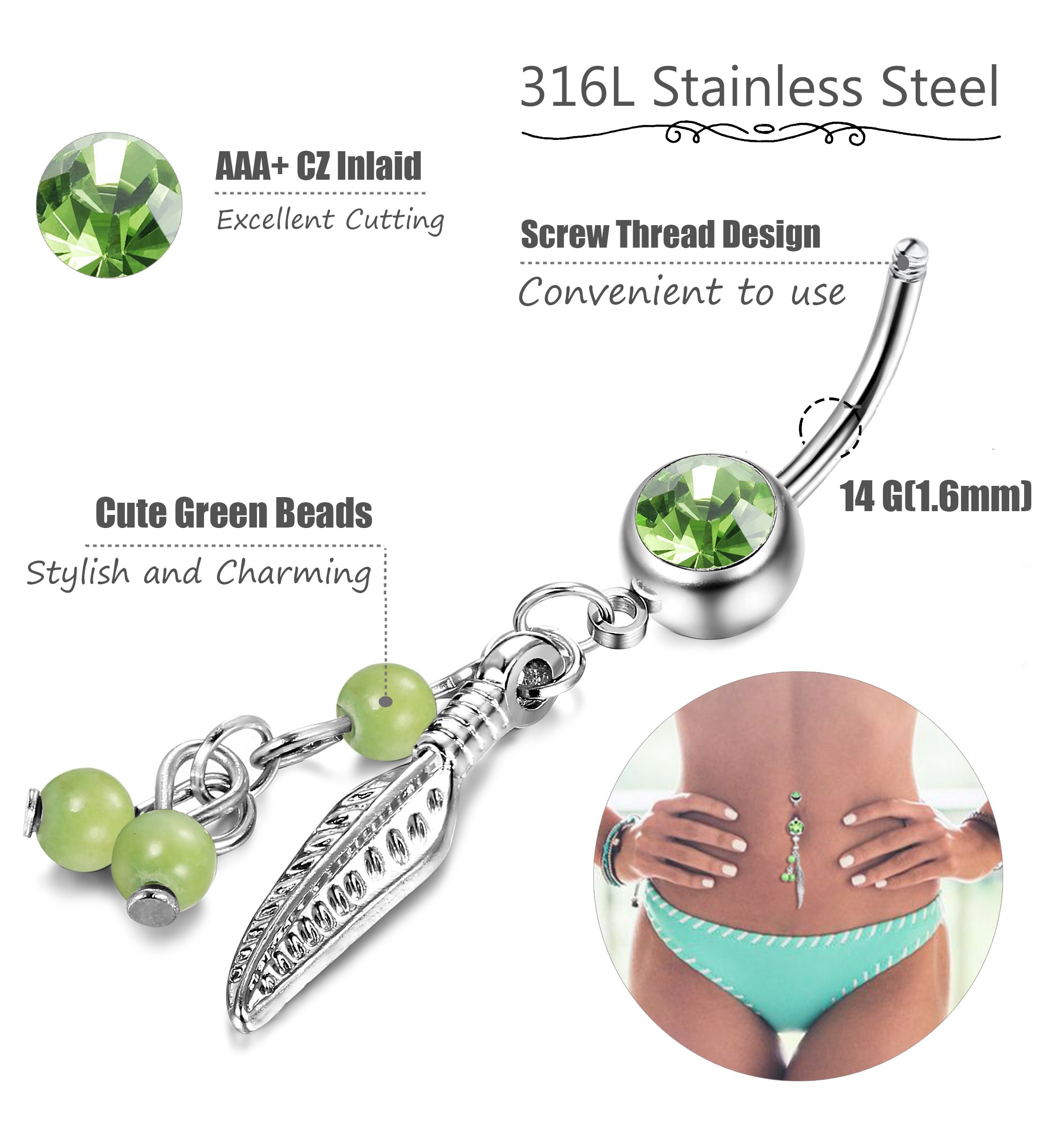 FIBO STEEL 9-10 Pcs Dangle Belly Button Rings for Women 316L Surgical Steel Curved Navel Barbell Body Jewelry Piercing