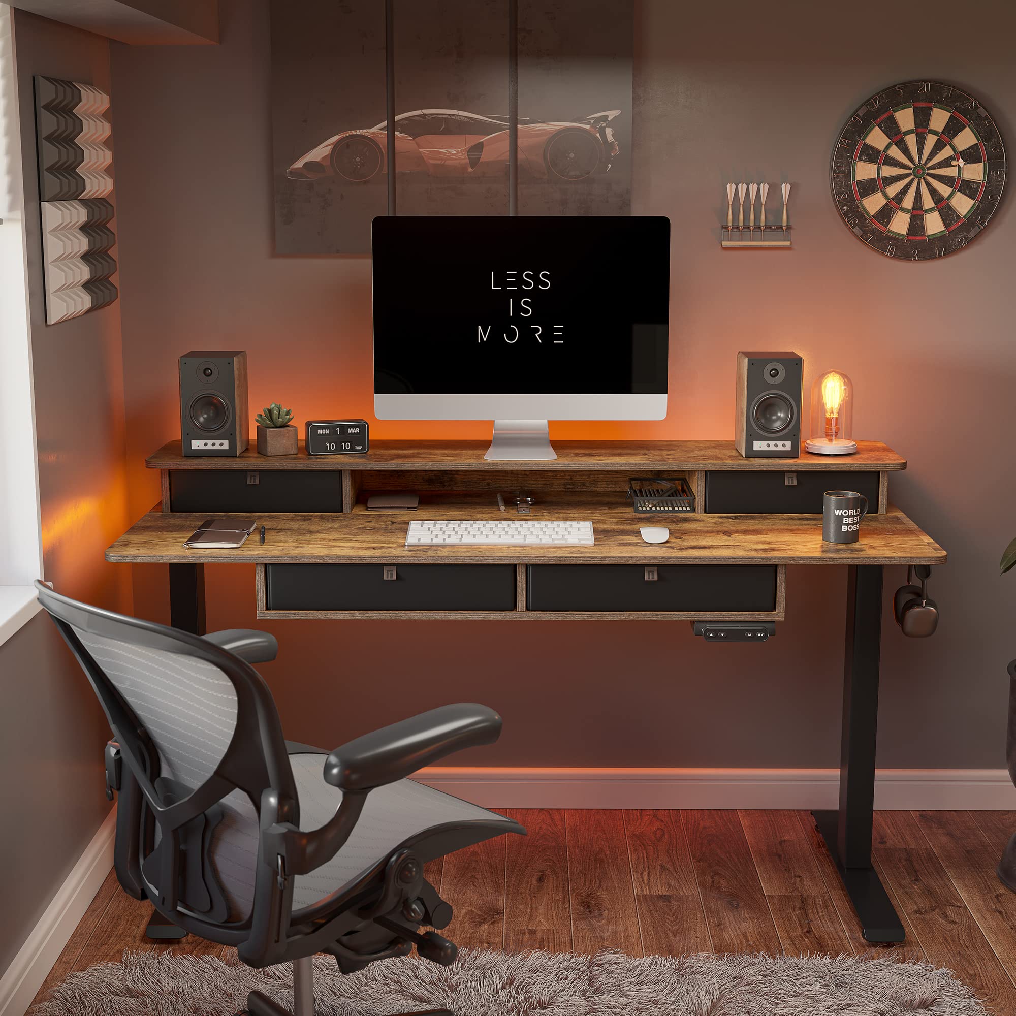 FEZIBO Height Adjustable Desk with 4 Drawers Storage and Anti Fatigue Mat