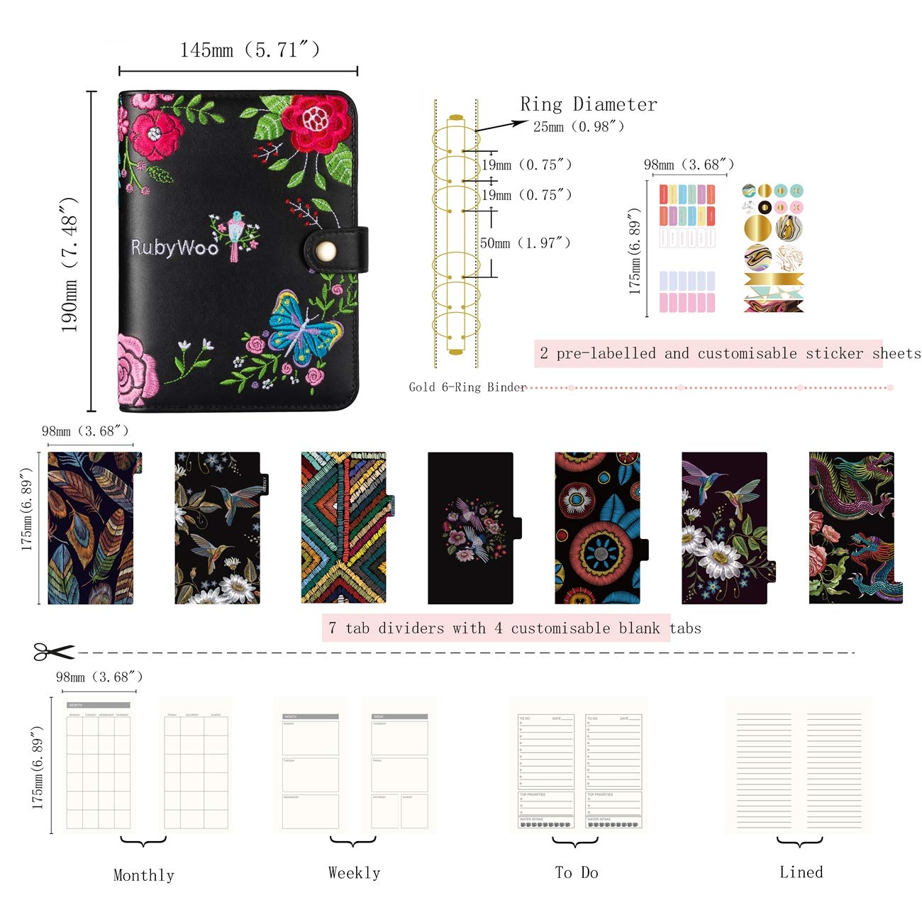 Guokichy Journal Travel Composition Notebook Filofax Planner Organiser Refills for Monthly Weekly Daily (Embroidery, A6)