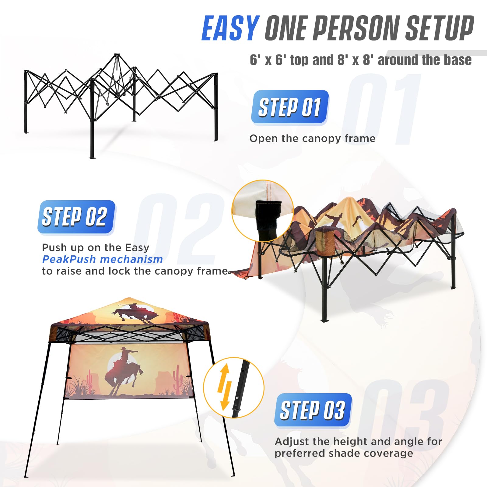EAGLE PEAK 8x8 Pop Up Canopy Tent with Sidewall, Compact, Portable Slant Leg Instant Sun Shelter for Beach, Sports, & Camping, 8x8 Base 6x6 Top, Cowboy