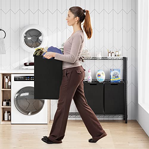 Laundry Sorters with 3 X 45L Pull-Out & Removable Laundry Bags, 2 Tier Adjustable Metal Storage Shelf, Oxford Fabric Laundry Baskets, Black