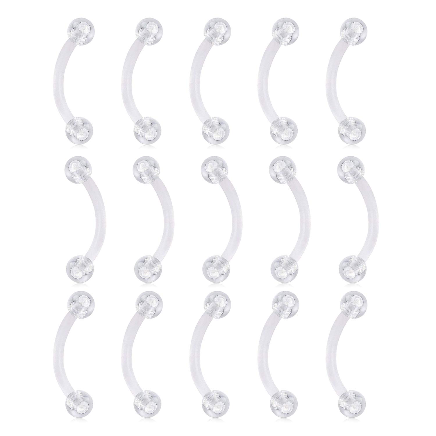 FECTAS 16G Clear Flexible Plastic Daith Rook Earrings Eyebrow Rings Curved Barbells Belly Piercing Retainers 15PCS
