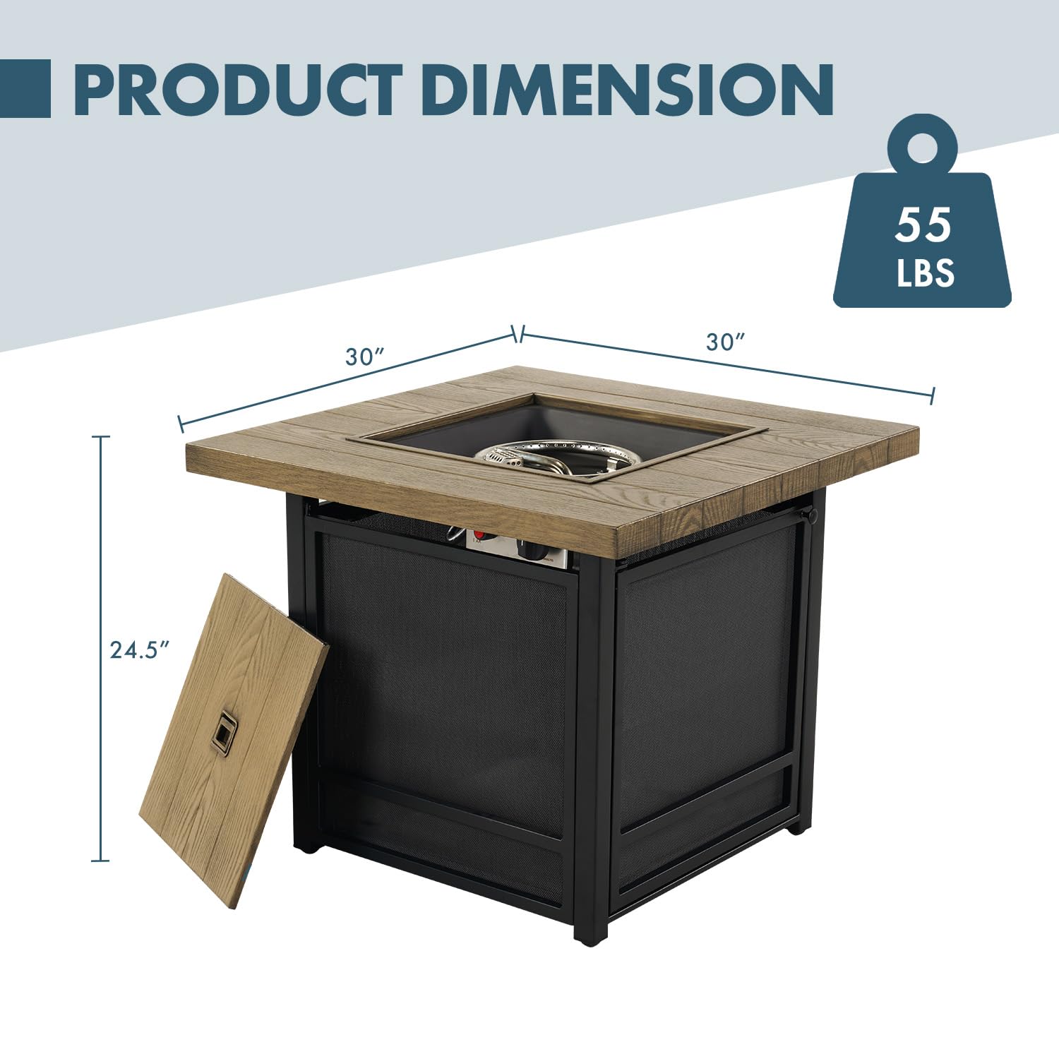 Fire Pit Table, Propane Firepit Outdoor Gas Fire Pits Clearance, 50,000 BTU with Woodgrain Tabletop, Lid, Lava Rocks for Outside Patio, Garden, Deck, Yard