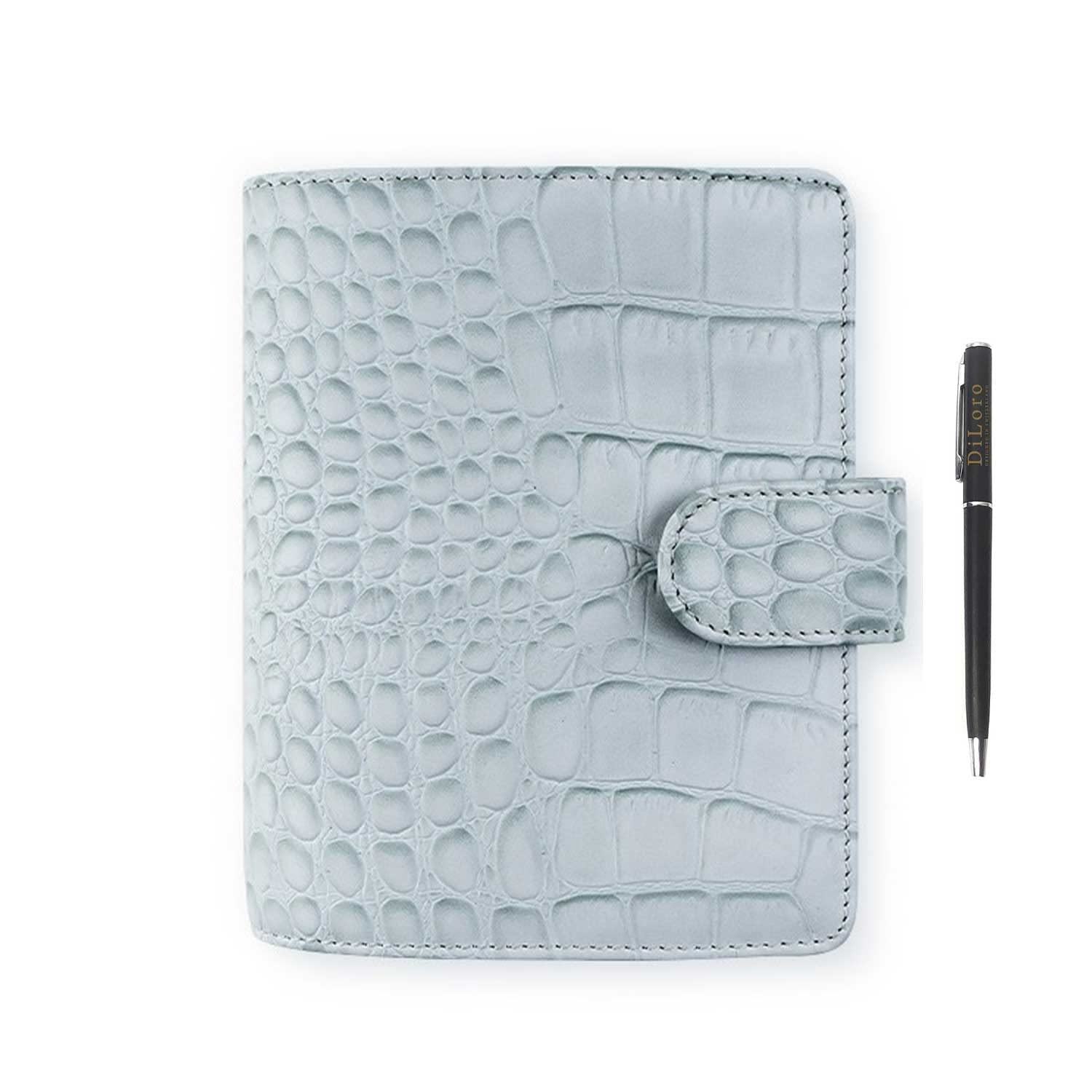 Filofax Classic Croc Print Leather Organizer Agenda Diary Calendar Planner Bundle With DiLoro Ballpoint Pen (A5 Paper Size 8.26" x 5.82", Silver 2022 With Pen)