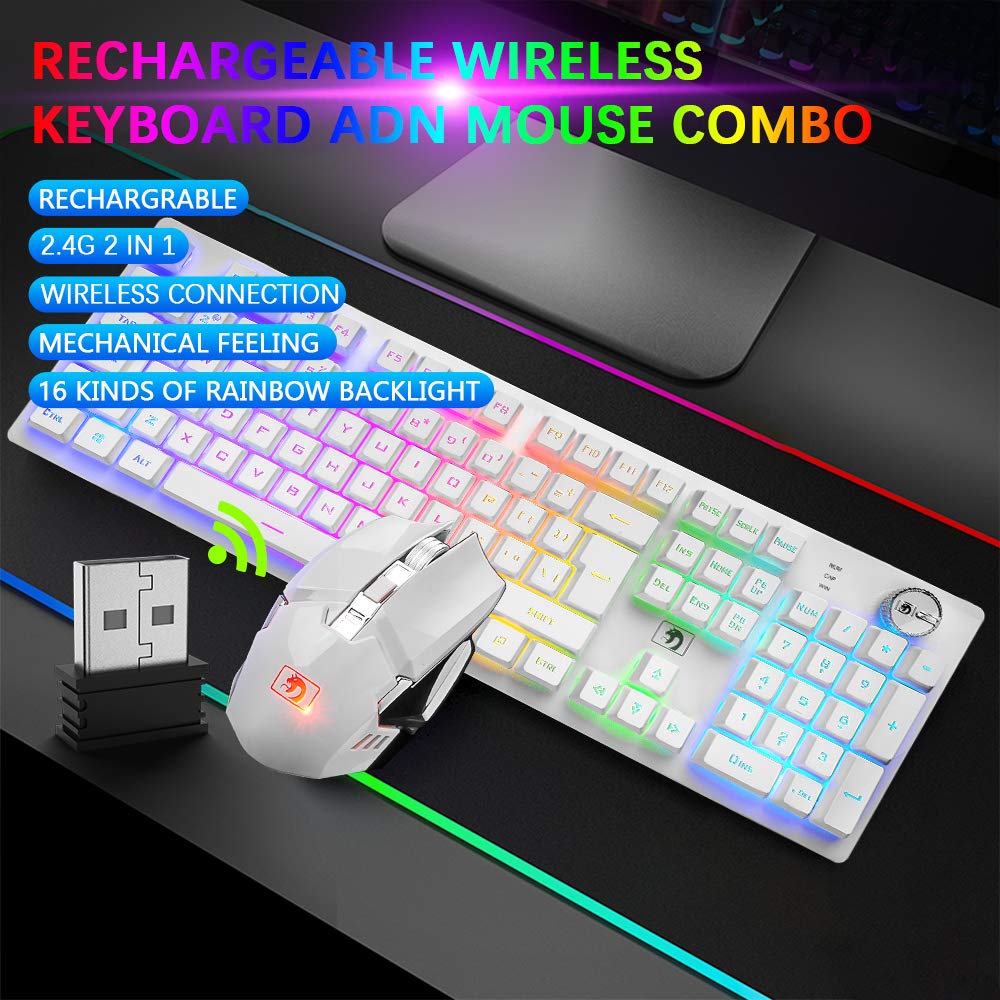 FELiCON Rechargeable Gaming Wireless Keyboard and Mouse Set Rainbow RGB LED Backlit Suspended Keycap Mechanical Feel 4800mAh Large Capacity Lithium Battery for Mac PC Laptop Computer Game Work Office