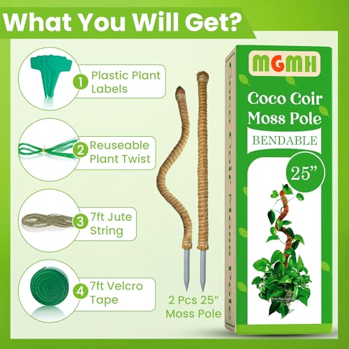 MGMH Coco Coir Moss Pole for Plants, 2 Sticks 25 Inch Bendable Plant Stakes Made of Real Coco Coir, Good for Climbing Plants Monstera and Other Creeper Plants Grow Upwards