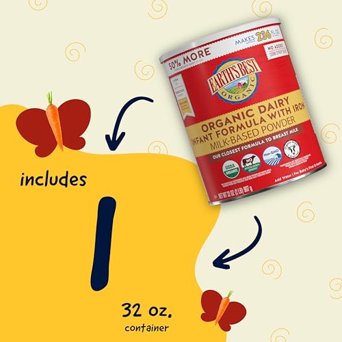Earth's Best Organic Baby Formula for Babies 0-12 Months, Powdered Dairy Infant Formula with Iron, Omega-3 DHA, and Omega-6 ARA, 32 oz Formula Container