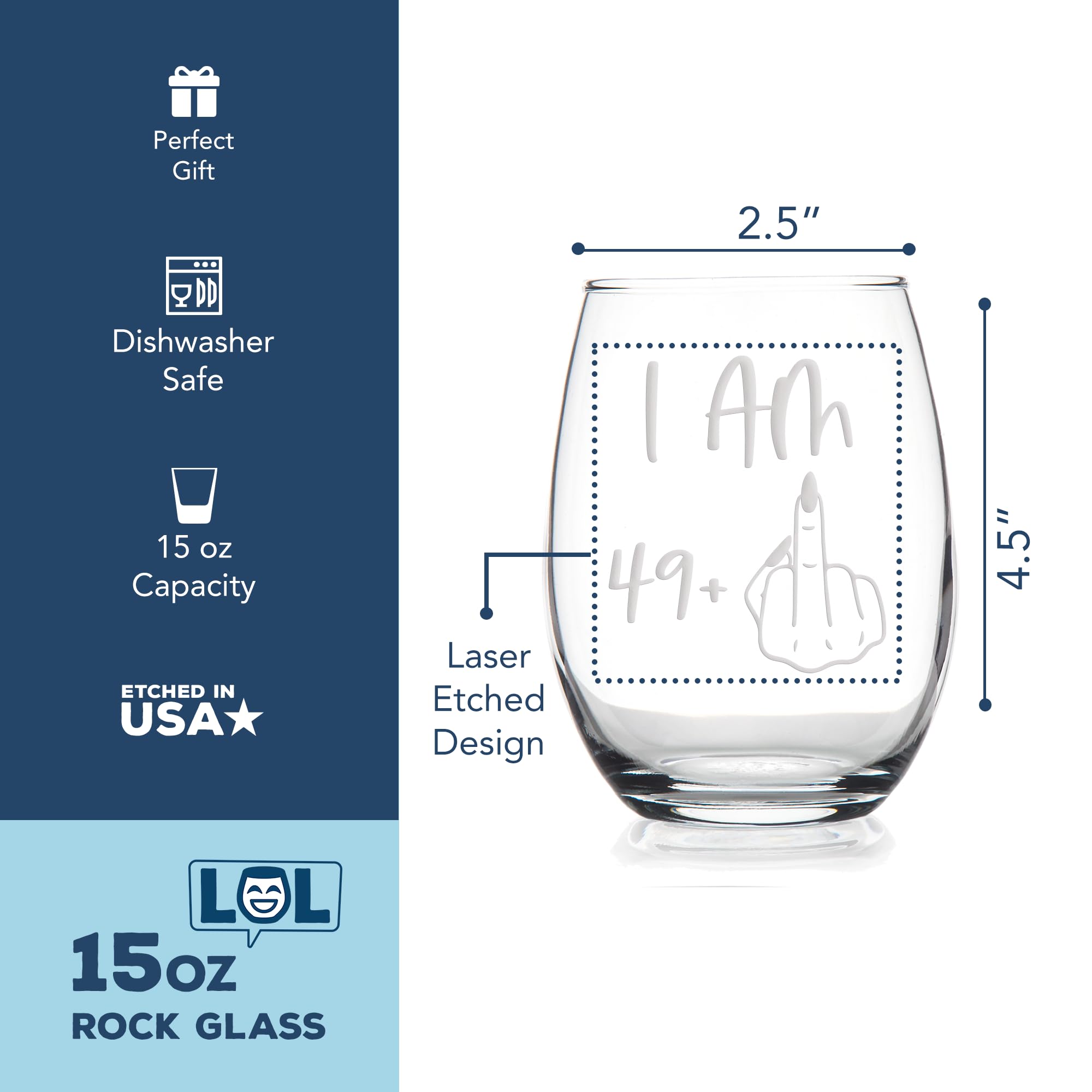 Im 49 Plus 50th Birthday Stemless Wine Glass - 50 Birthday Gift, Gift Ideas for Women Turning 50, Turning 50 Gag Gift