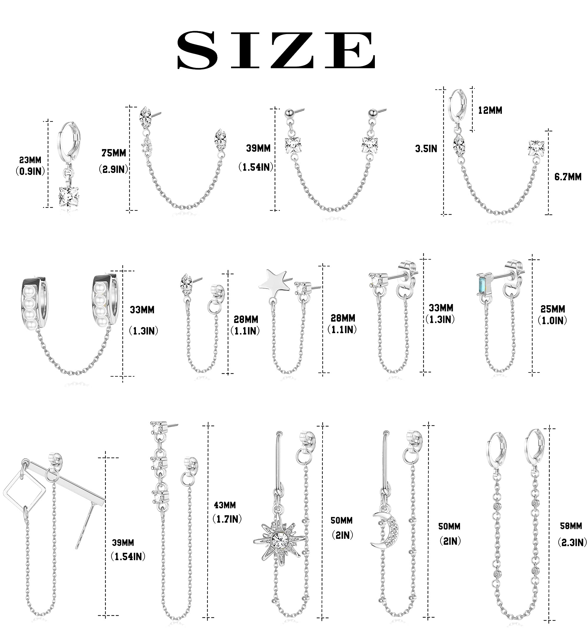 Fiasaso 14 Pcs Chain Hoop Earrings Minimalist Bar Stud Earrings with Chain Moon Star CZ Rhinestone Dangle Earrings Double Piercing Earrings Set For Women