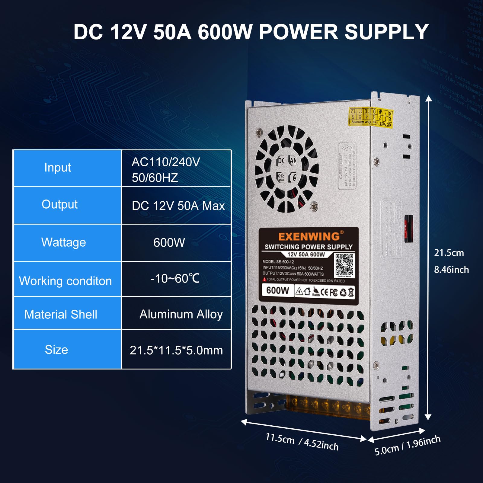 EXENWING 12V 50A 600W Power Supply Adapter Universal Switching Converter SMPS AC 110/220V to DC 12Volt Regulated Transformer Converter PSU for Diesel Heater LED Strip 3D Printer Car Stereo CCTV Camera