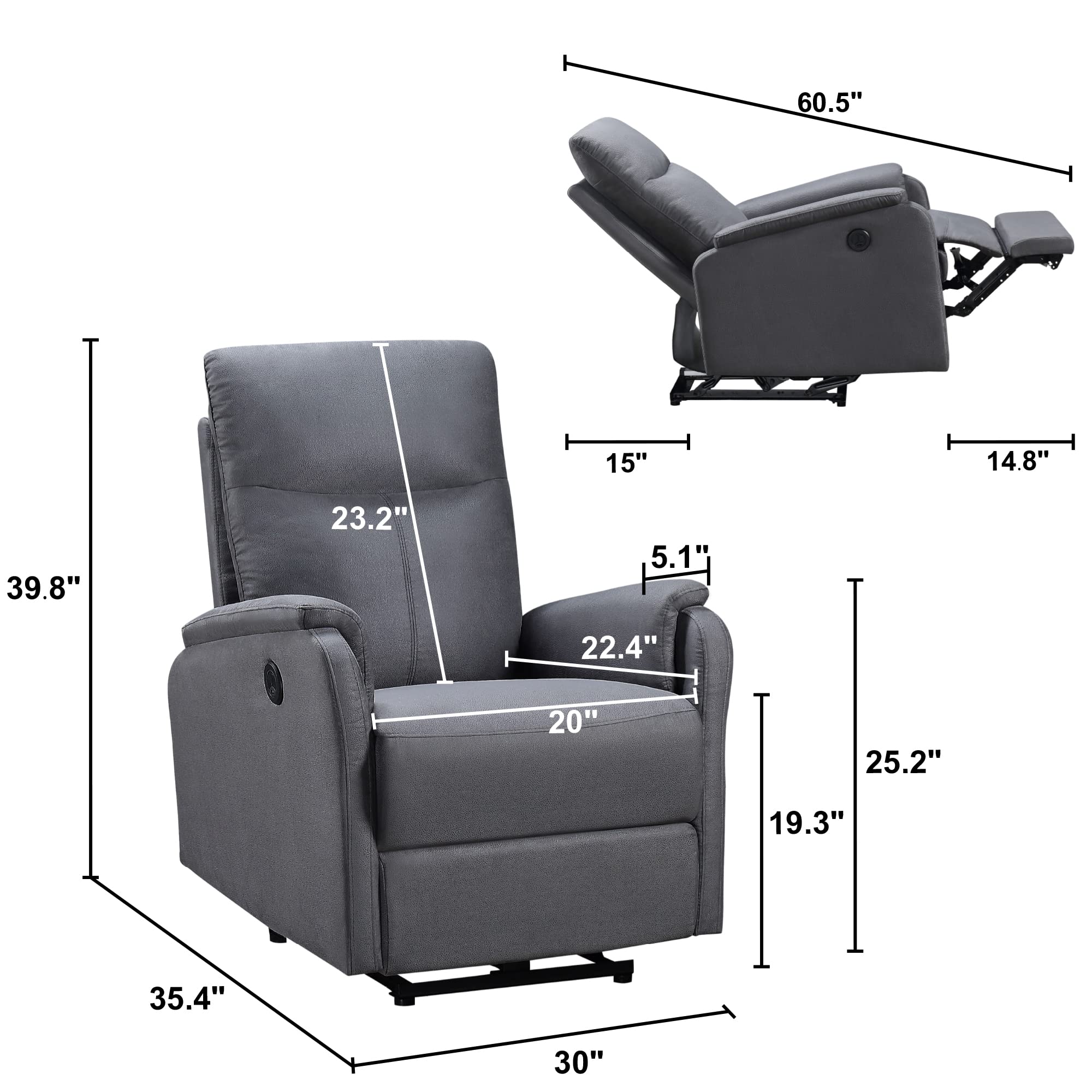 FIQHOME Electric Power, Fabric Single Sofa Recliner Function,Ergonomic Lounge Chair, Home Theater Seating with USB Charge Port for Small Room,Grey