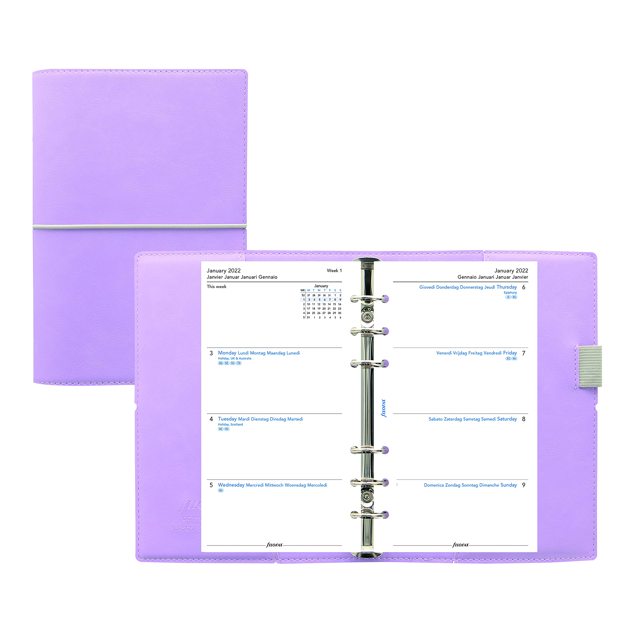 Filofax Domino Soft Organizer, Personal Size, Orchid - Leather-Look, Soft Tactile Cover, Six Rings, Week-to-View Calendar Diary, Multilingual, 2022 (C022607-22)