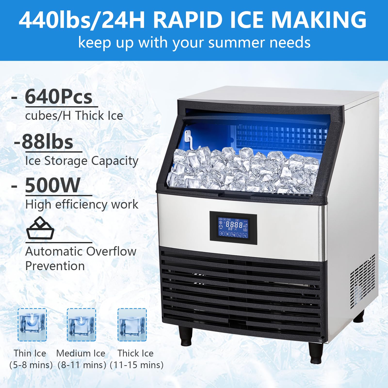 Towallmark Commercial Ice Maker 440lbs/24H, Stainless Steel Under Counter ice Machine with 40L Ice Storage Capacity, 8 * 20 Ice Cube Freestanding Ice Maker
