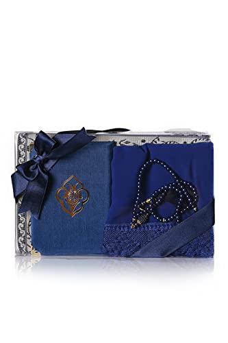 Muslim Prayer Rug, Yaseen Surah Pocket-Size Book, Fancy Shawl & Prayer Beads, Perfect Islamic Gift I Mawlid Gift I Suitable for Women, Kids I Soft Islamic Mat | Islamic Ramadan Eid Gifts (Blue)