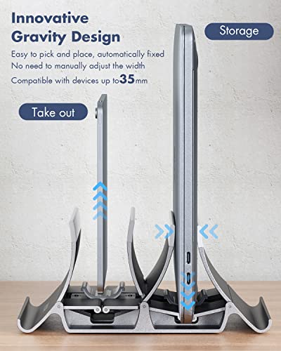 HEYZONE Vertical Laptop Stand, Dual Laptop Holder MacBook Vertical Stand,4 in 1 Gravity Laptop Dock Stand Auto Locking,Fits iPad/Surface/Chromebook/Gaming Laptops(Up to 17") (ABS Space Gray)