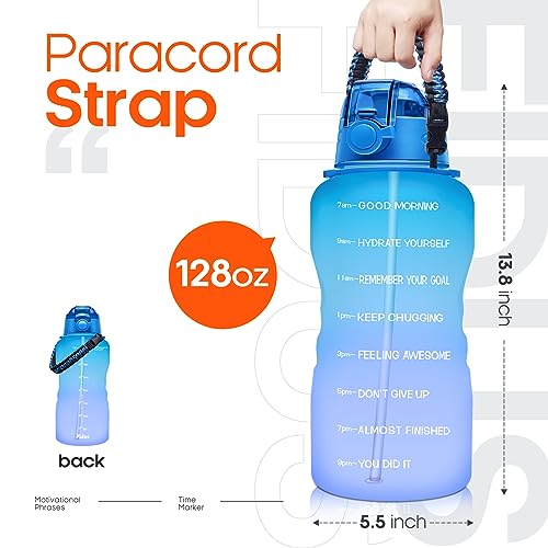 Fidus Large 1 Gallon Motivational Water Bottle with Paracord Handle & Removable Straw - BPA Free - Blue/Purple Gradient