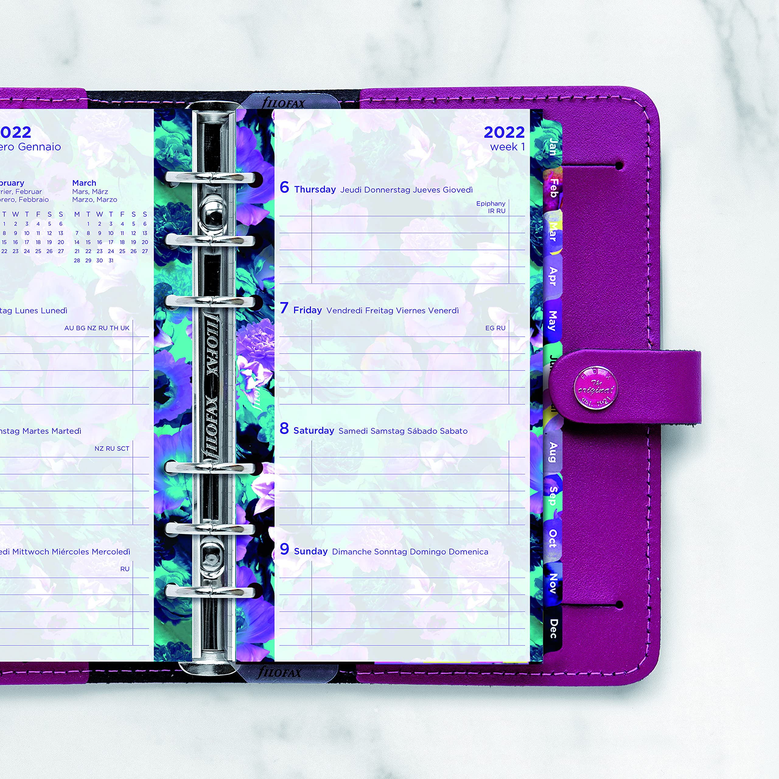 Filofax Refill, Personal/Personal Compact Size, Week-to-View, Illustrated Floral Diary Pack with Four-Color Print Design, Multilingual: Five Languages, 2022 (C6341-22)