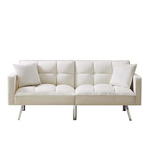 LCH Modern Tuft Futon Couch Convertible Loveseat Sleeper Reclining Sofa Bed Twin Size with Arms and 2 Pillows for Living Room, Beige