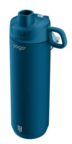 Pogo Active Vacuum Insulated Stainless Steel Water Bottle with Leak Proof Chug Lid and Silicone Carry Loop, Powdercoat, Poseidon, 18 oz