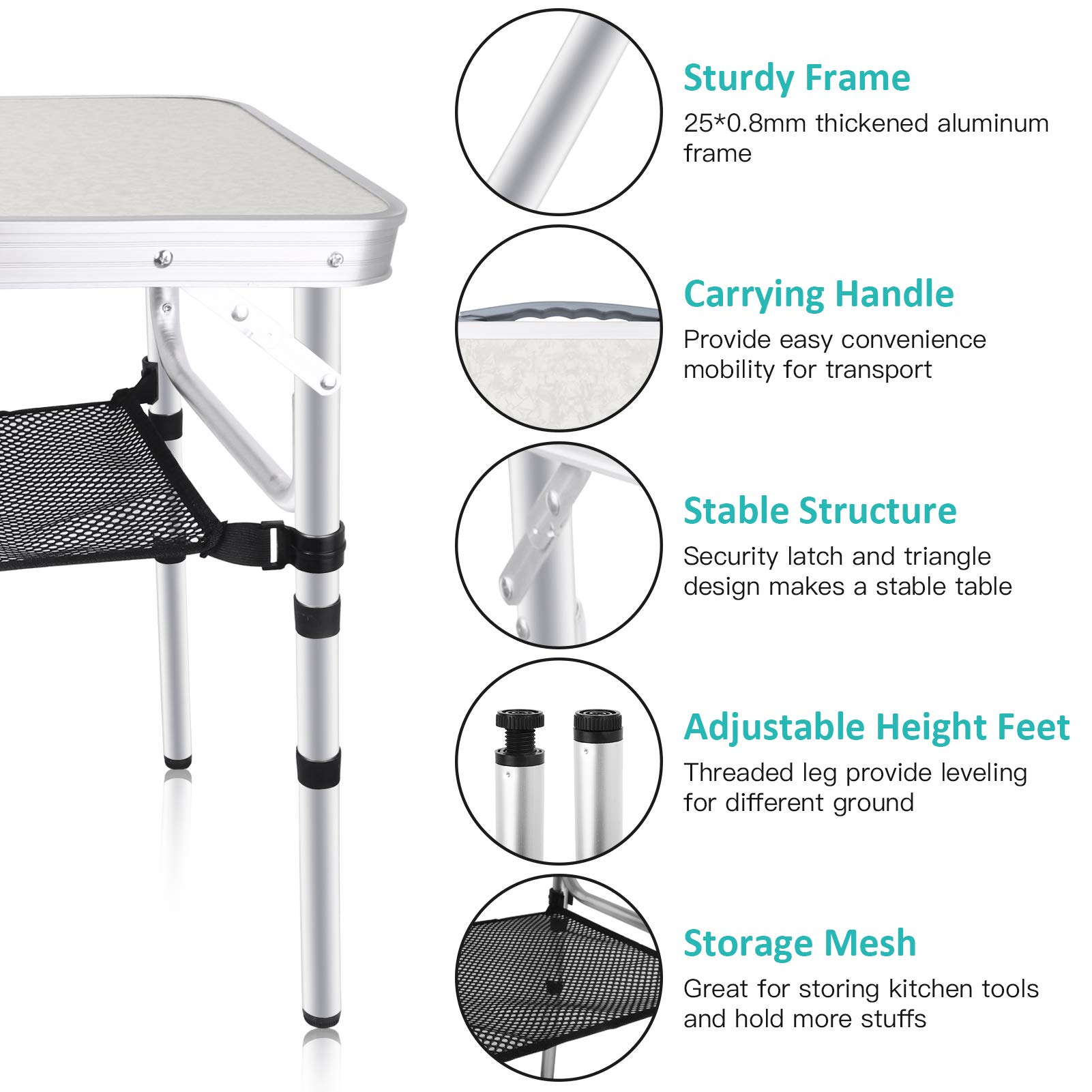 EXCELFU Small Folding Camping Table, Portable Adjustable Height Aluminum Camp Tables with Storage Mesh Lightweight Folding Table for Outdoor Indoor, Camp, Picnic, Cooking, Beach (3 Heights)