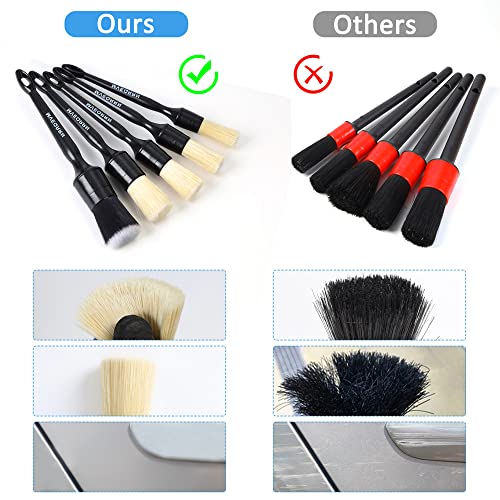 MVEQRRN Boars Hair Ultra Soft Detailing Brushes Set, 4 Pcs Premium Natural Boars Bristles, 1 Pcs Duster Detail Brush for Cleaning Car Interior Dashboard Leather Seat