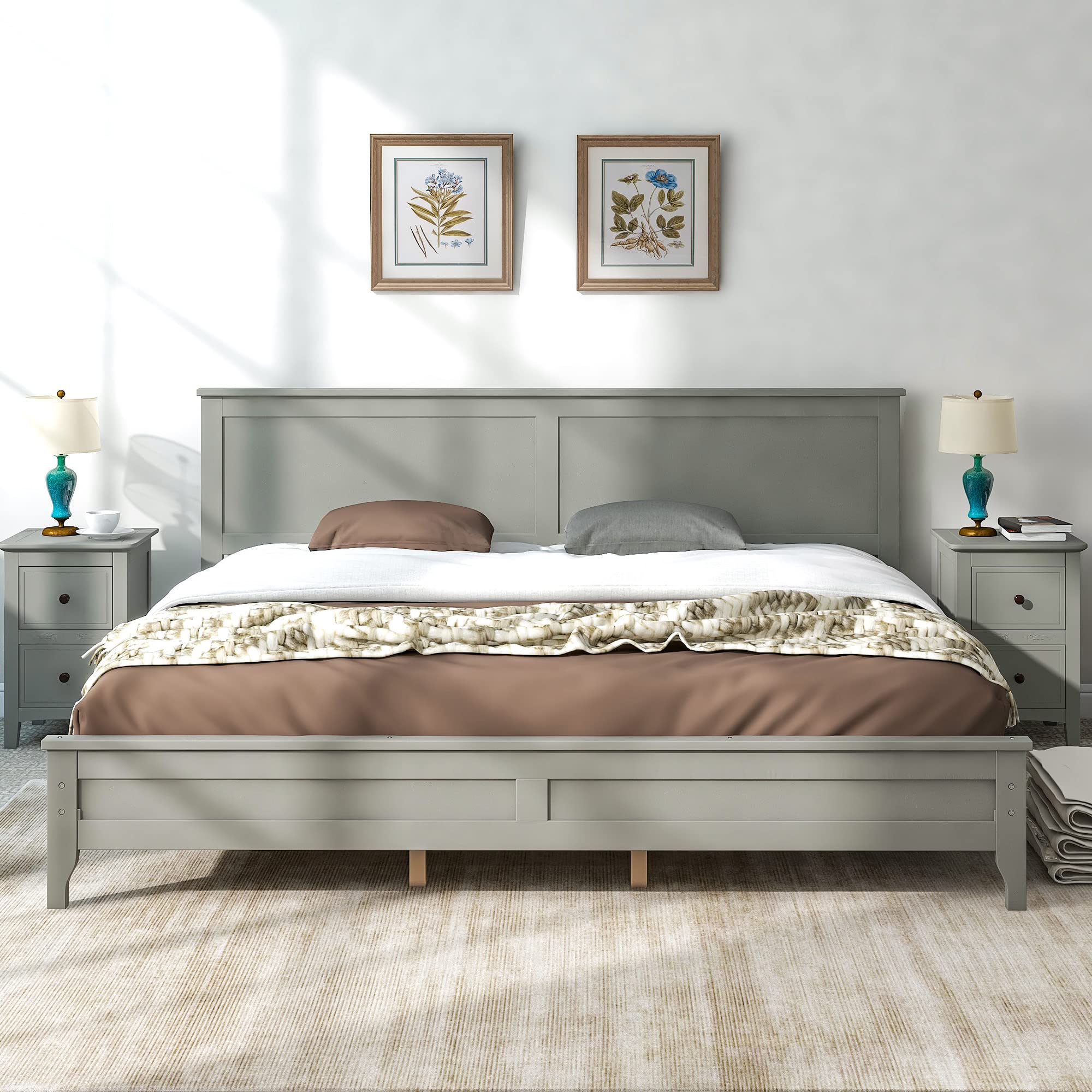 FEELHOME Modern Gray Solid Wood King Platform Bed Frame with Headboard and Footboard