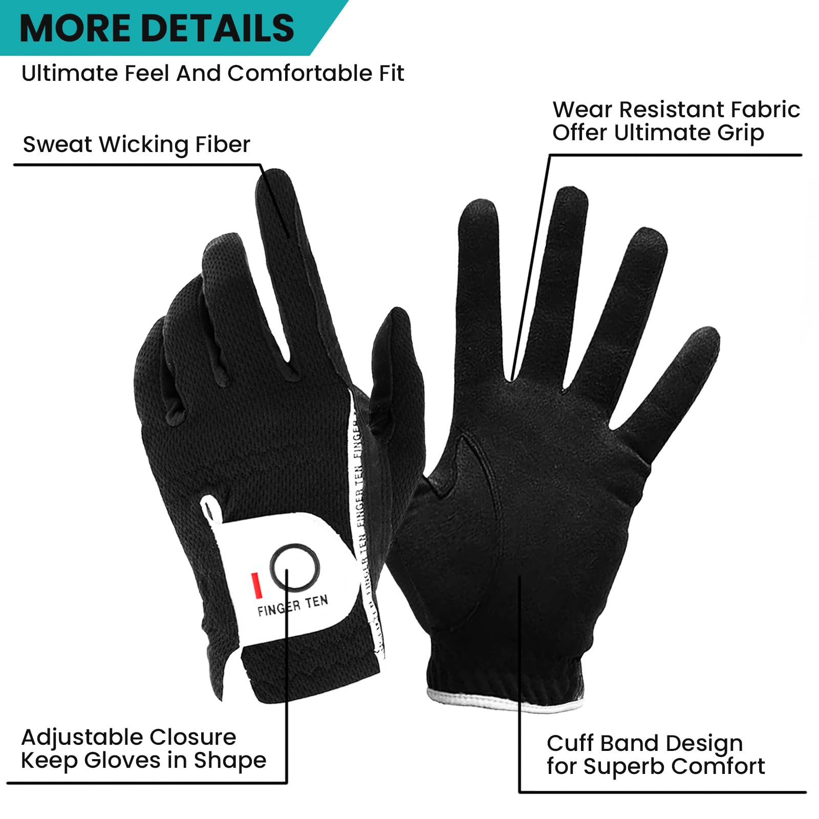 FINGER TEN Men's Golf Gloves Rain Grip Both Hands Pair Left Right Hand, Hot Wet Weather No Sweat Black Gray White Blue Fit Size Small Medium Large XL 2XL 3XL (Dull Black, M/Large)