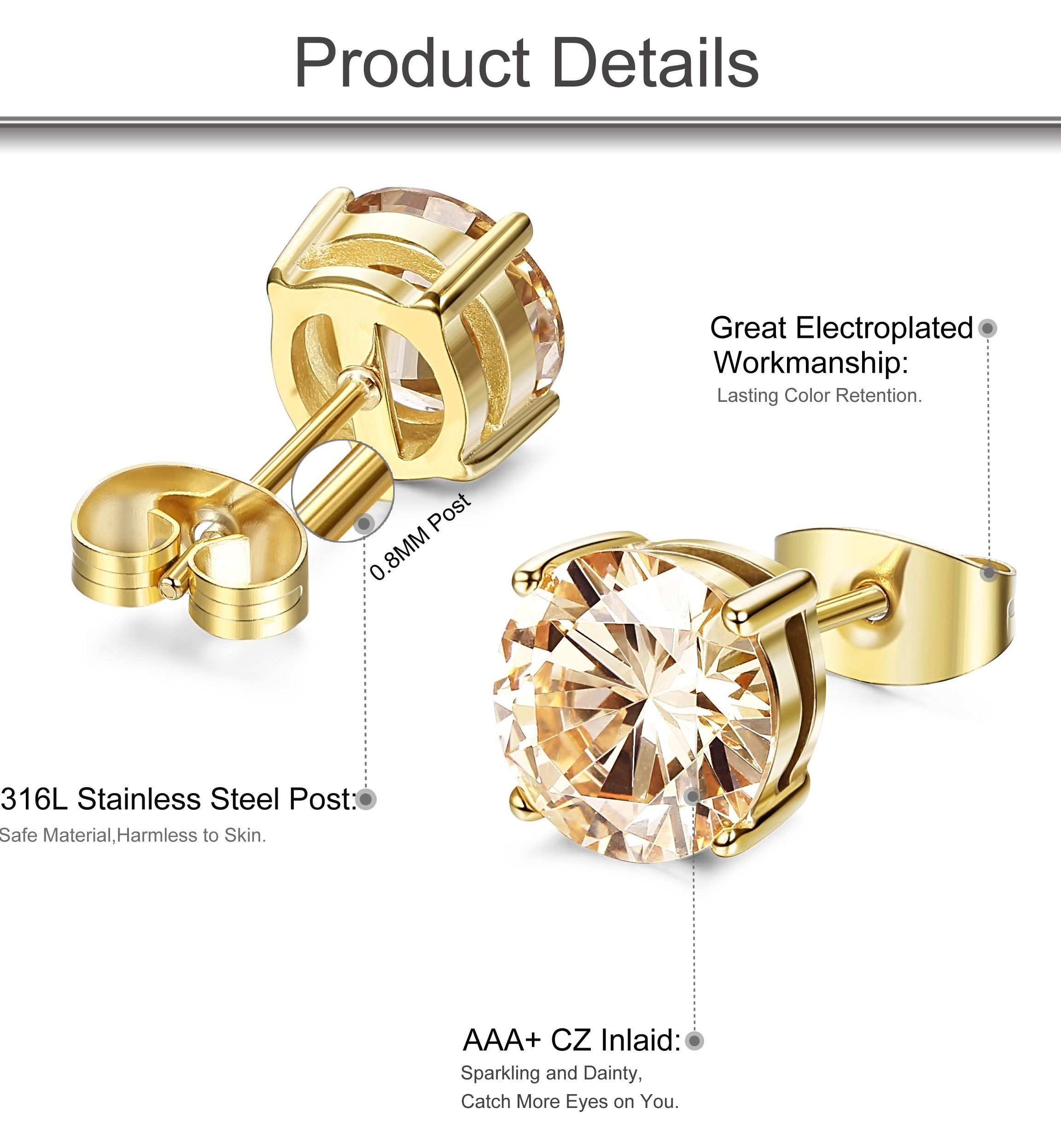 FIBO STEEL 4 Pairs Stainless Steel Stud Earrings for Men Women Ear Piercing Earrings Cubic Zirconia Inlaid,3-8 mm (Round 5mm)