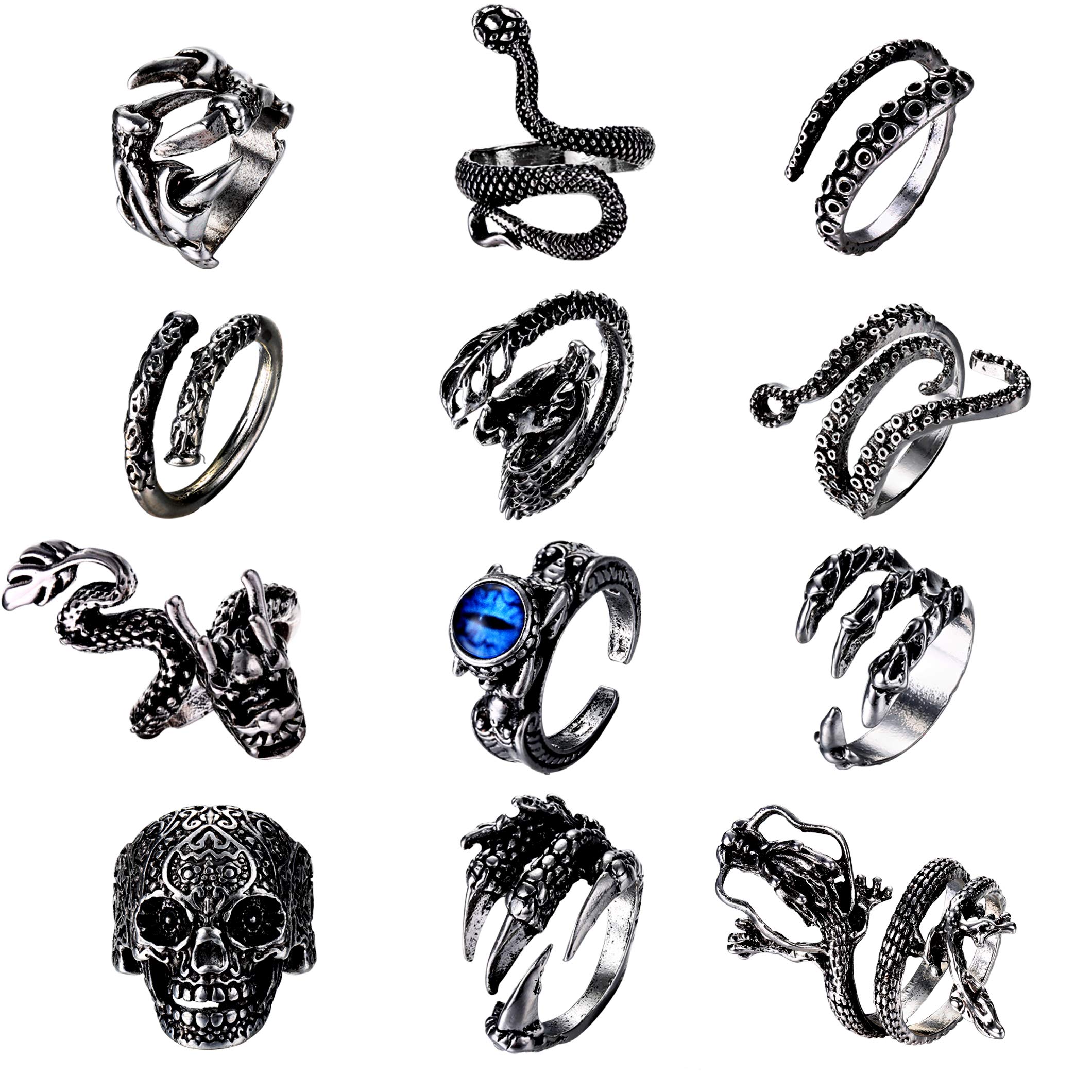 FIBO STEEL 12 Pcs Vintage Punk Rings Octopus Dragon Snake Ring for Men Women Adjustable Cool Gothic Ring Set Jewelry