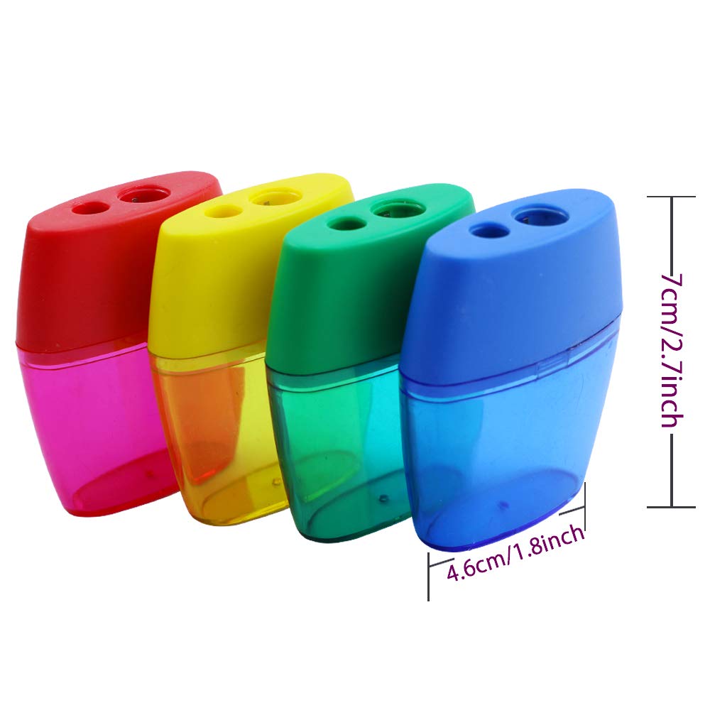 Finico 12 PCS Double Hole Pencil Sharpener,Double Holes Triangular Shape Pencil Sharpener with Cover and Receptacle for School and Work,Two Hole Pencil Sharpener(Green, Blue, Yellow, red)