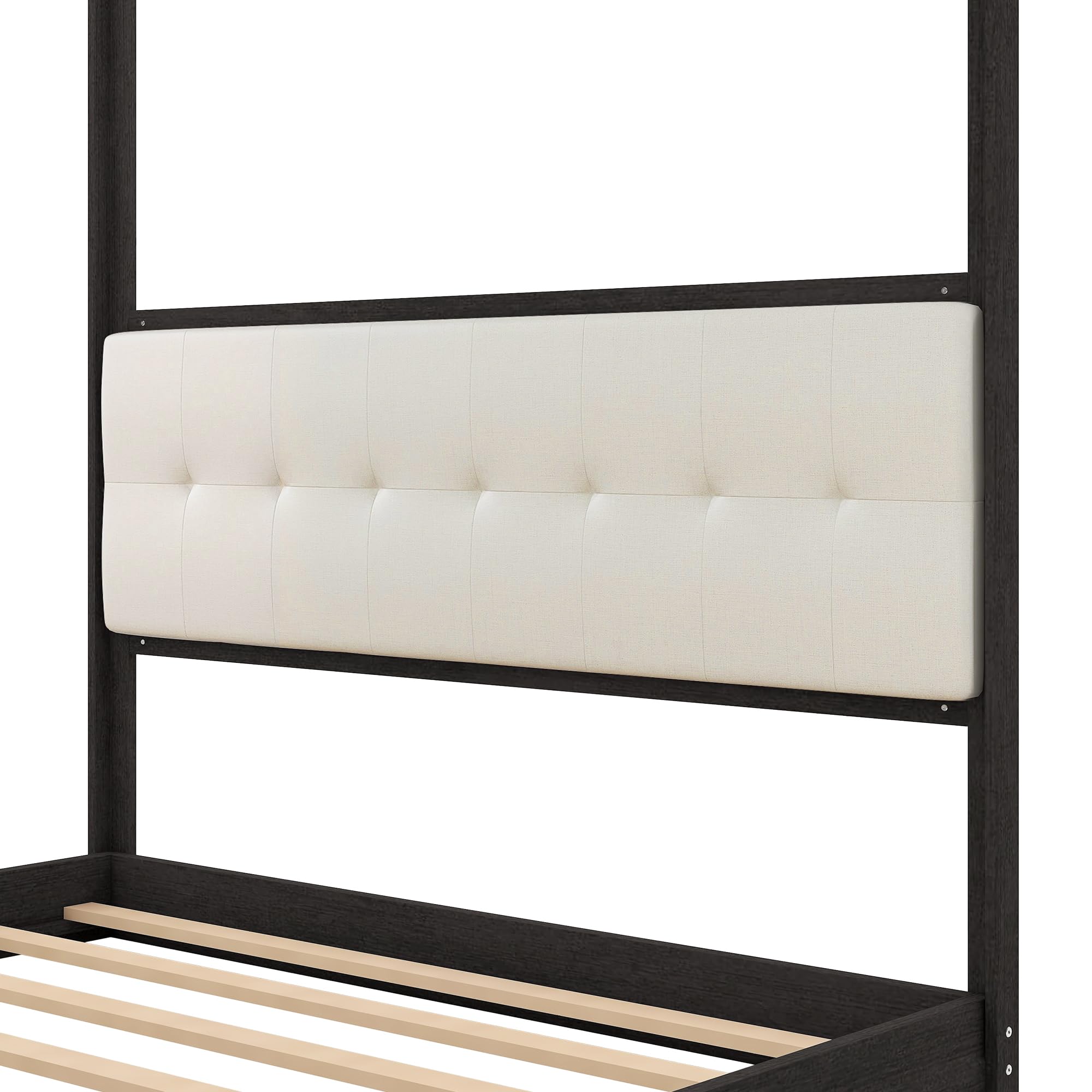 EMKK Canopy Bed Frames Platform Bed Frame Four-Poster Canopied Bed Mattress Foundation with Headboard,No Box Spring Needed Easy Assembly,King Size Wooden Canopy Platform Bed with Upholstered Headboard