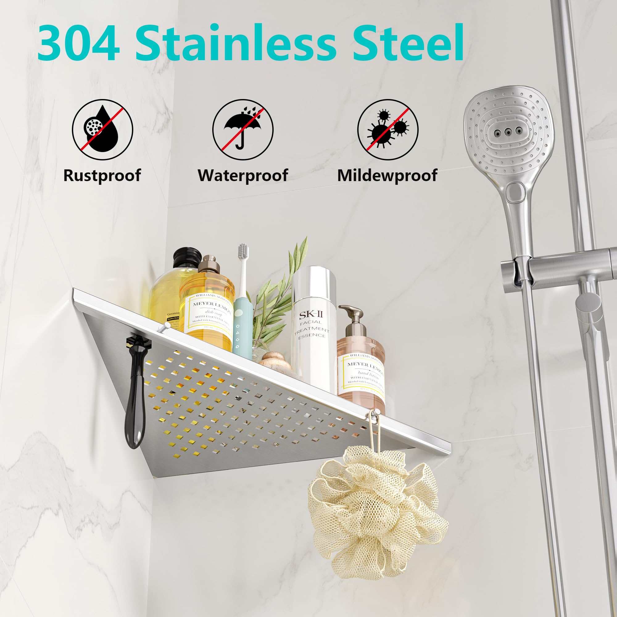 Qeke 10" Bathroom Corner Shelf, 2 Pack Recessed Shower Shelf Caddy, SUS304 Stainless Steel Shelf Wall Mount Triangular, No Drilling Brushed Nickel