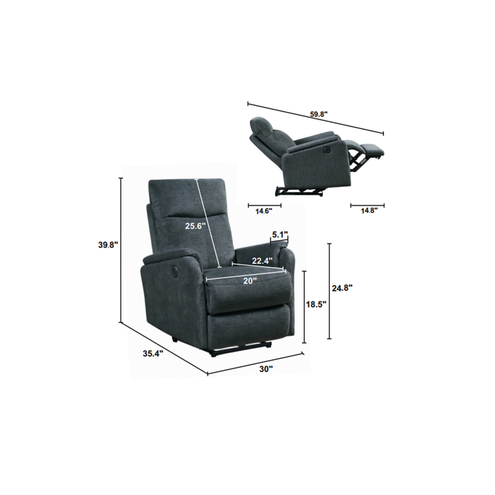 FIQHOME Electric Power, Fabric Single Sofa Recliner Function,Ergonomic Lounge Chair, Home Theater Seating with USB Charge Port for Small Room, Grey, Dark Gray