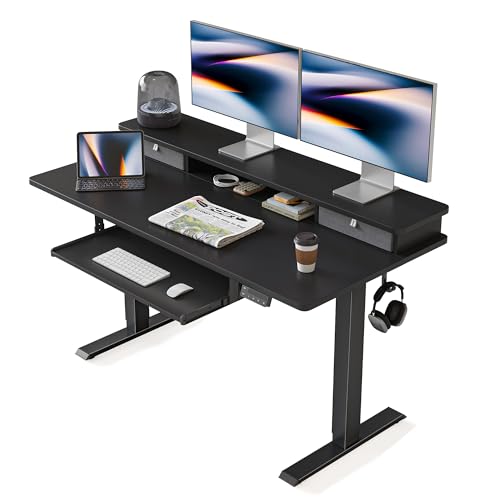 FEZIBO Standing Desk with Drawers, Adjustable Height Desk with Keyboard Tray, Stand Up Desk with Storage Shelf, 55 x 24 Inchs, Maple Top