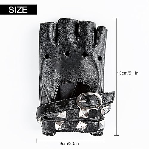 Fingerless Leather Gloves, Half Finger Biker Punk Gloves (One size fits all) with Belt Up and Rivet Design for Halloween Costume Party