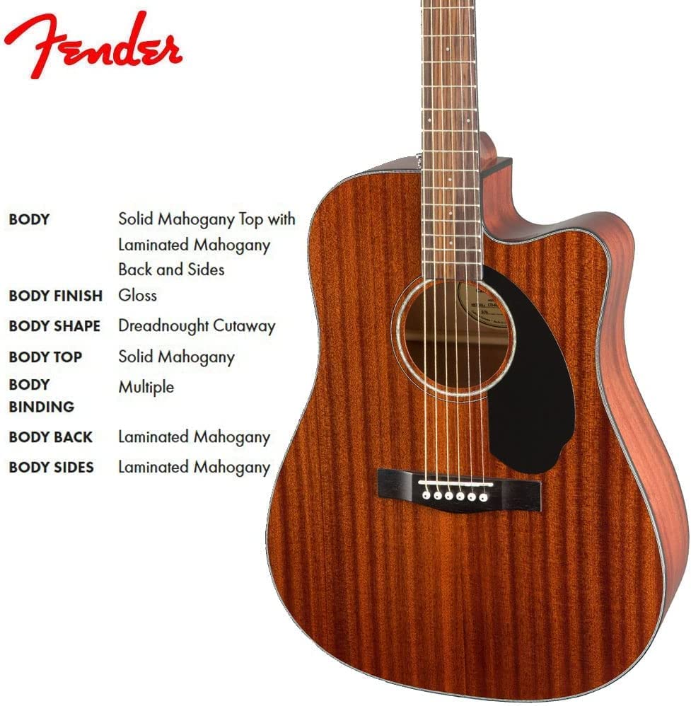 Fender CD-60SCE Solid Top Dreadnought Acoustic-Electric Guitar - All Mahogany Bundle with Hard Case, Tuner, Instrument Cable, Strap, Strings, Picks, Polishing Cloth and Austin Bazaar Instructional DVD