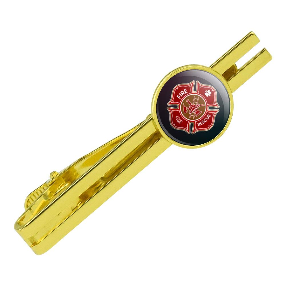 Firefighter Fire Rescue Maltese Cross Round Tie Bar Clip Clasp Tack Gold Color Plated
