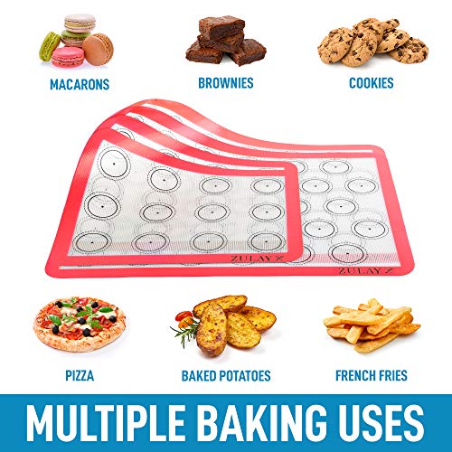 Zulay (Set of 4) Silicone Baking Mat - Macaron Silicone Baking Mats With Pre-printed Template Design - Non Stick & Reusable Silicone Baking Sheet - 2 Half Size + 2 Quarter Size (Red)