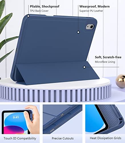 MoKo for iPad 10th Generation Case with Pencil Holder iPad 10.9 Inch Case 2022, Soft TPU Smart Stand Back Cover Case for iPad 10th Generation, Support Touch ID&Auto Wake/Sleep, Navy Blue