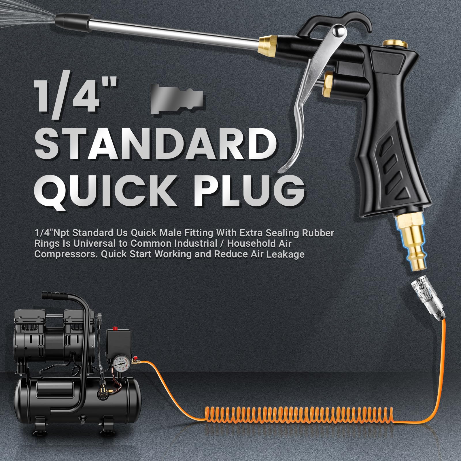 High Volume Air Blow Gun with Brass Adjustable Air Nozzle, Industrial Air Blower Gun with 2 pcs Steel Extensions and 13.7 Inch Universal Blow Hose, Pneumatic Air Gun Air Compressor Accessories Tool
