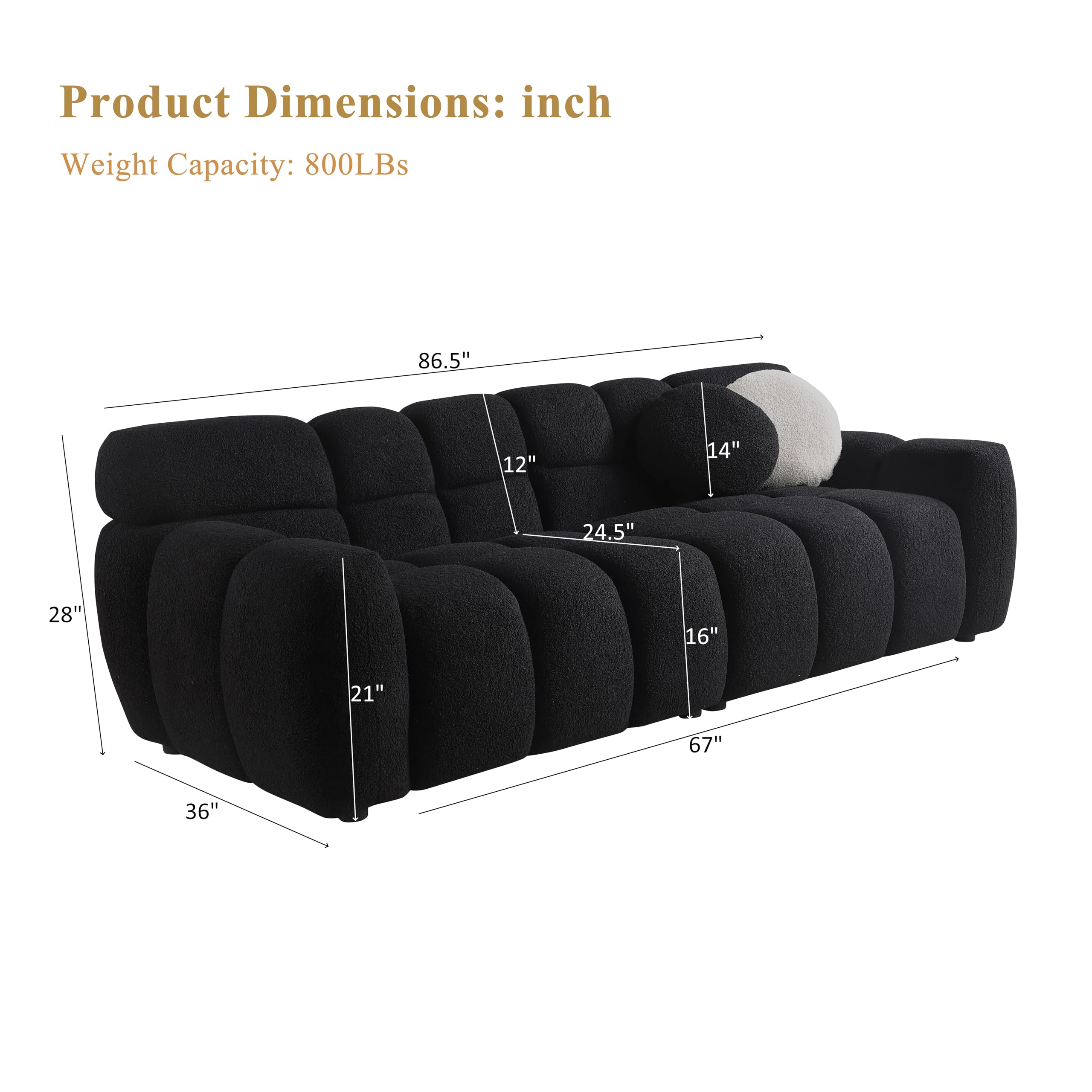 Tmsan 86.5" Boucle Cloud Sofa Couch, Modern Tufted 3 Seater Sectional Sofa Set for Living Room, Comfy Upholstered Couch Bed with 2 Accent Pillows for Bedroom Apartment Office