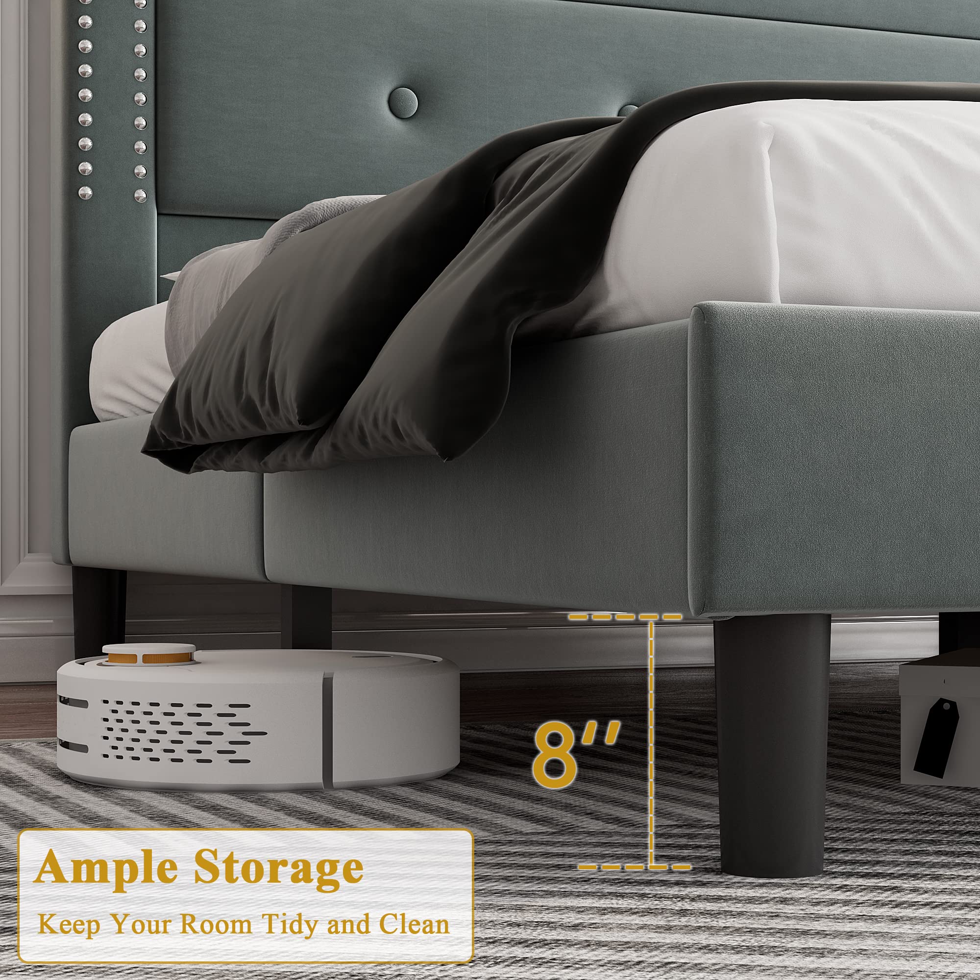 Feonase Queen Bed Frame, Modern Velvet Upholstered Platform Bed Frame with Button Tufting Headboard, Solid Wood Slats Support, No Box Spring Needed, Easy Assembly, Gray
